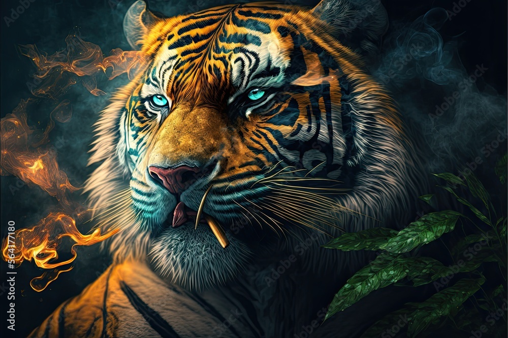 Tiger with a cigar in his mouth and smoke on a dark background ...