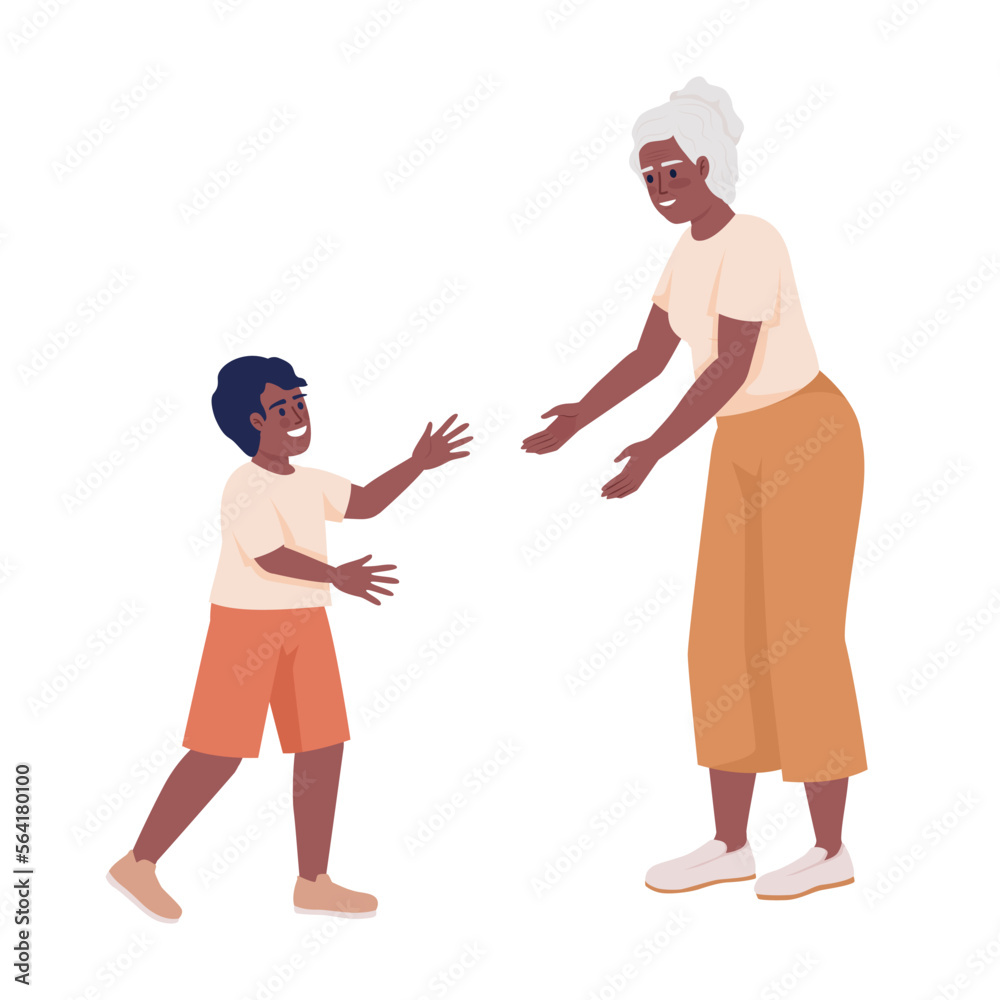 Grandmother extending hands to grandson semi flat color vector ...