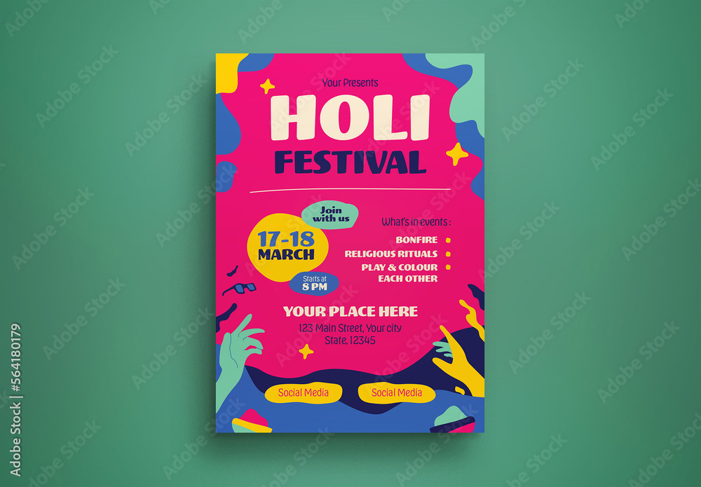 Red Hand Drawn Holi Festival Flyer Layout Stock Template | Adobe Stock