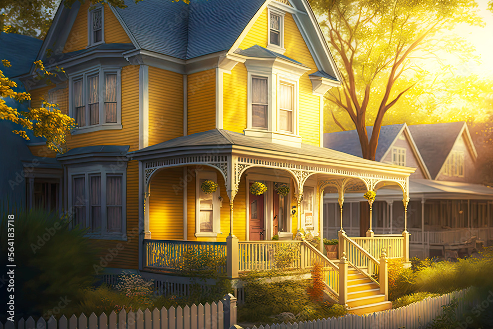 the cozy house exterior, with its warm yellow siding, white trim and ...