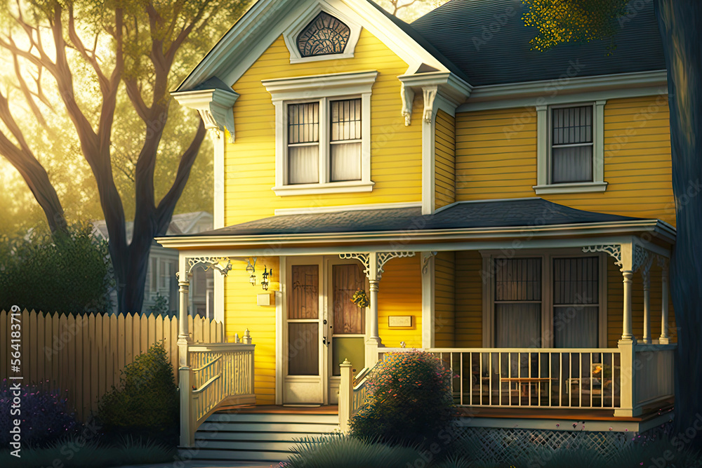 the cozy house exterior, with its warm yellow siding, white trim and ...