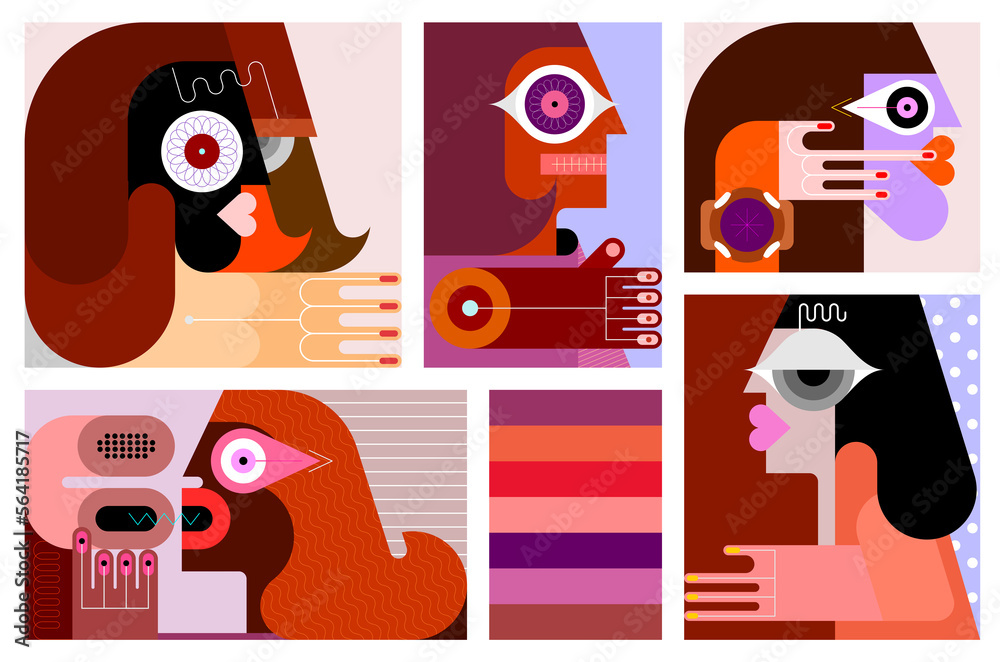 Pop art design of five different people portraits graphic illustration ...