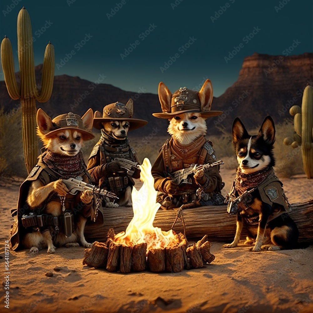 Chihuahua dogs like Mexican bandits with guns sitting around a campfire ...