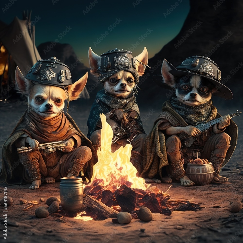 Chihuahua dogs like Mexican bandits with guns sitting around a campfire ...