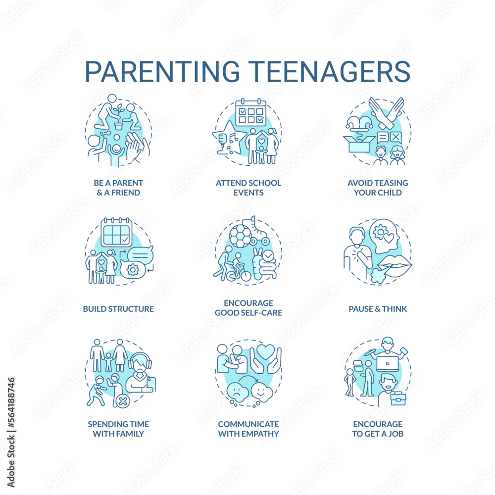 Parenting teenagers turquoise concept icons set. Taking care of ...