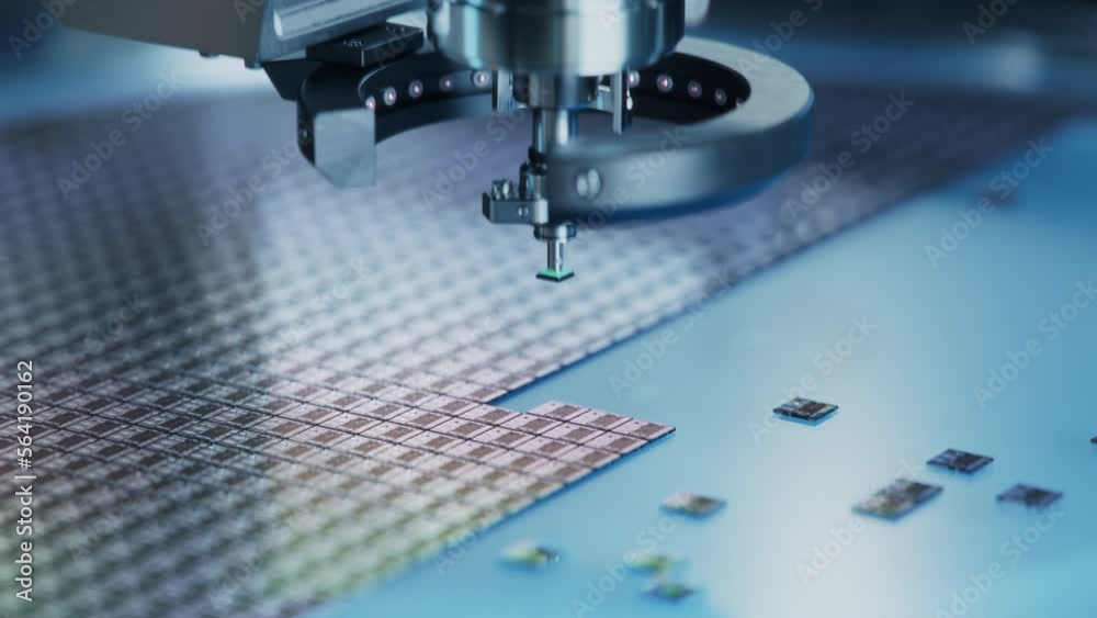 Close-up of Silicon Die are being Extracted from Semiconductor Wafer and Attached to Substrate ...