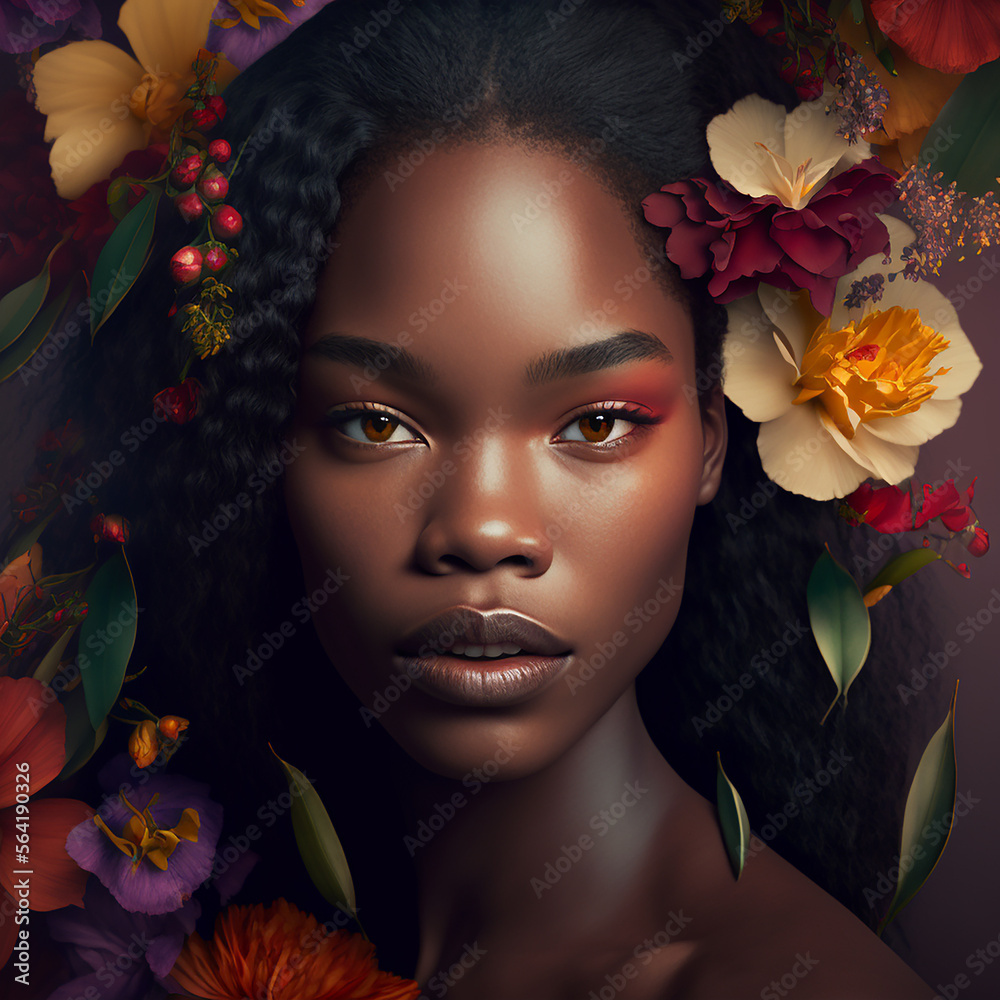 ภาพประกอบสต็อก Portrait Of Sensual African American Woman With Flowers