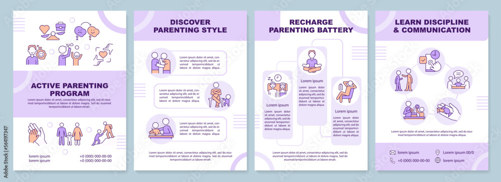 Active parenting program purple brochure template. Leaflet design with ...