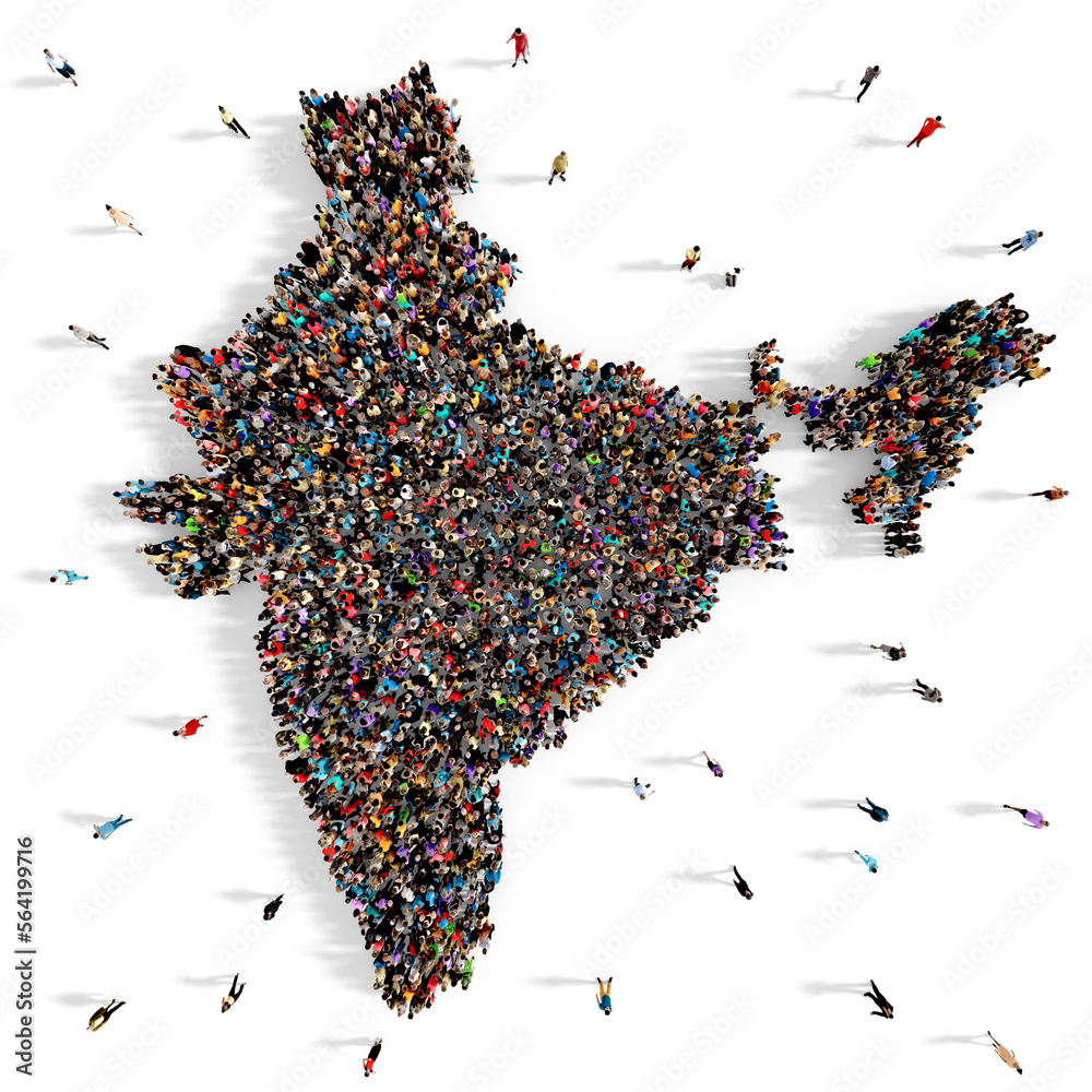 Crowd of multicultural people gathered together in the shape of a India ...