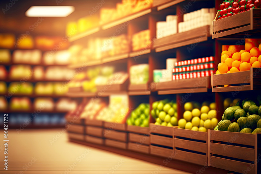 Blurry counters and shelves with fruits and vegetables in supermarket ...