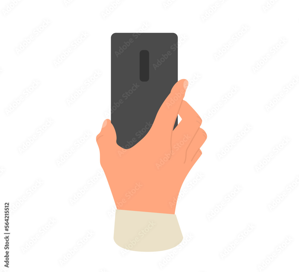 Human hand holding mobile phone. Smartphone back side. Flat vector ...