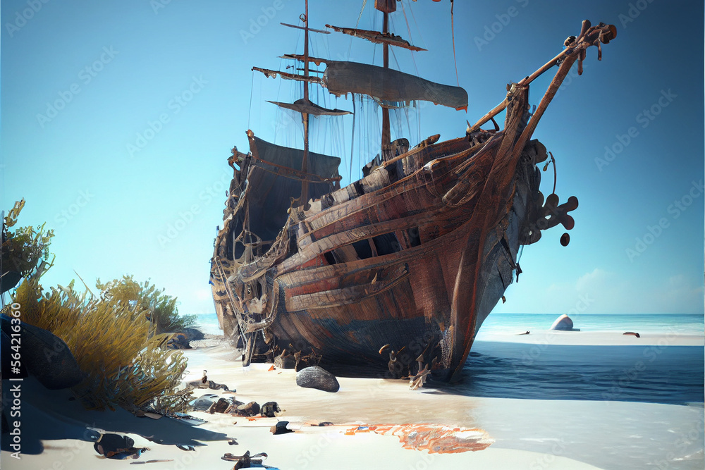 Pirate shipwreck, tattered sails Stock Illustration | Adobe Stock
