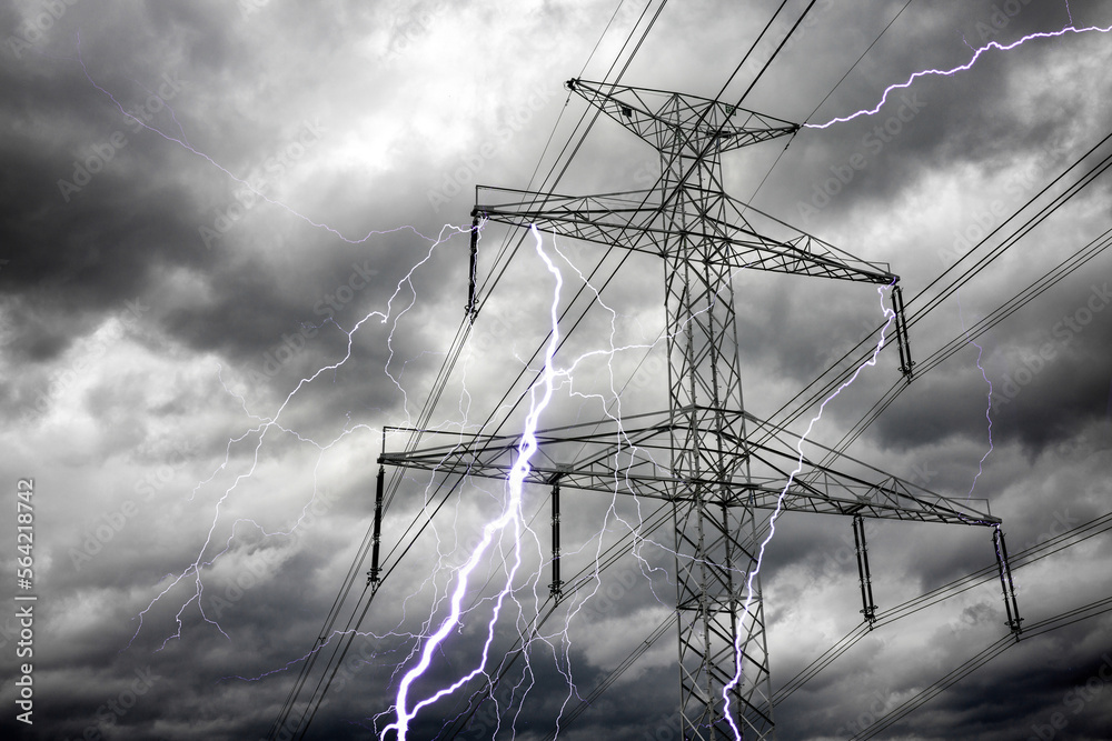 Bright lightning bolts from electric power pylon tower. Electricity ...