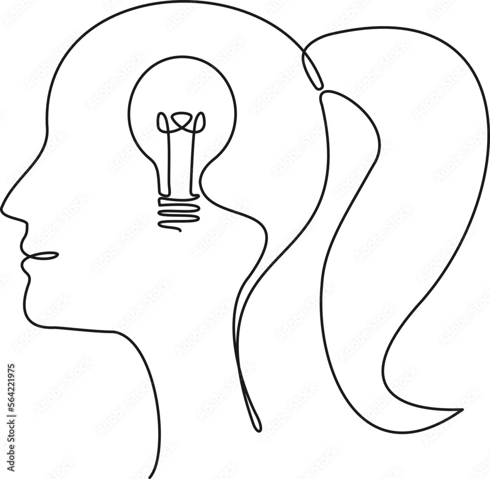 continuous single line drawing of human head with light bulb inside ...