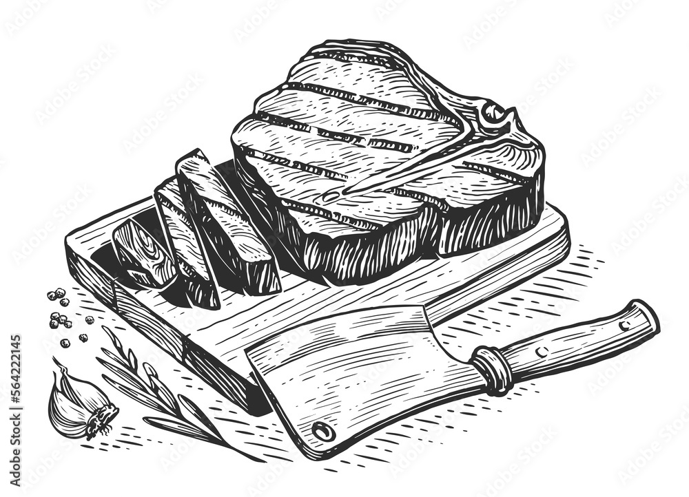 Grilled beef steak on wooden cutting board with knife cleaver. Meat ...