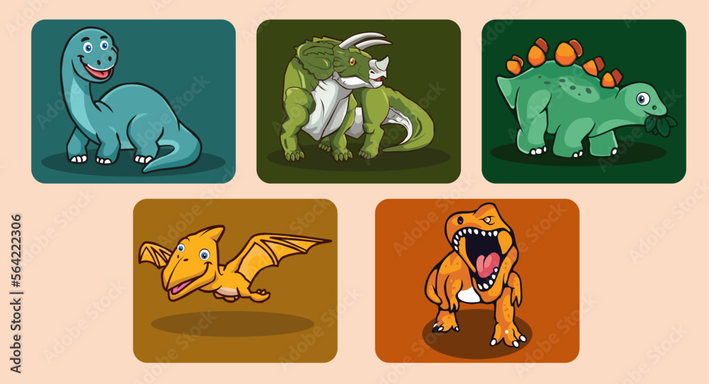 Icon Set of Cute Cartoon Types of Dinosaurs. Pterosaurus, Stegosaurus ...