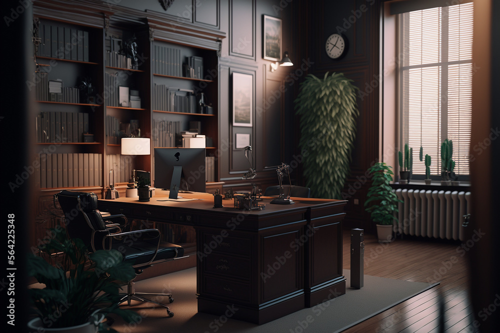 Office room interior design with a desk, chair, bookshelf, business ...