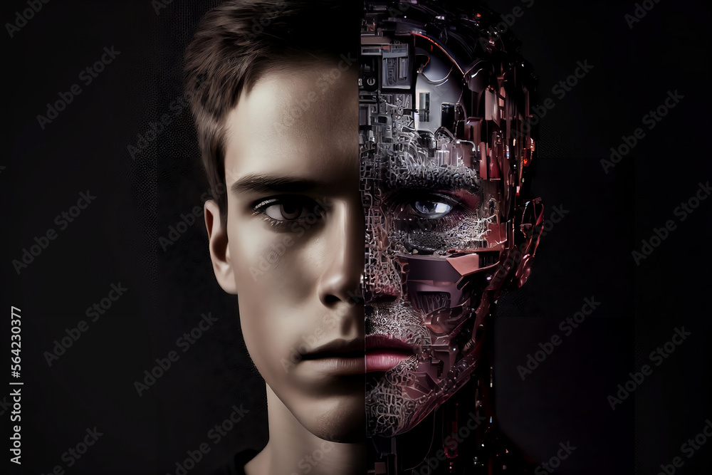 Artificial intelligence, a futuristic humanoid cyber man with a neural ...