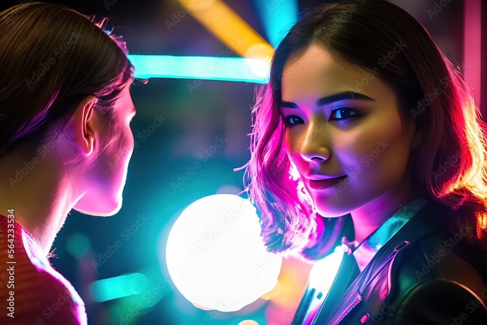 Two young women standing in front of a vibrant neon light installation ...
