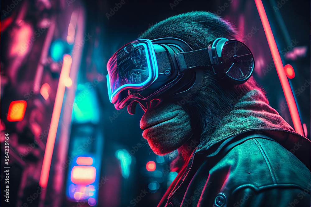 Cyber punk chimpanzees in augmented reality vr glasses in a neon-lit ...