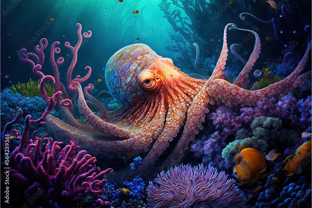 Octopus illustration under the ocean with corals. Generative AI Stock ...