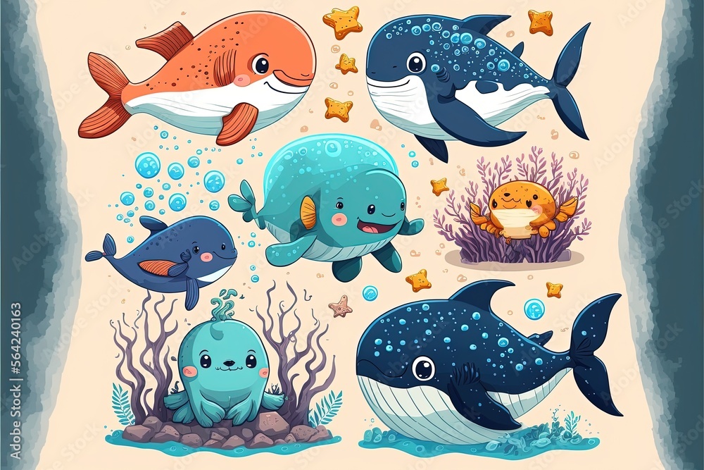 Cute sea animals set illustration, cartoon style, background ...
