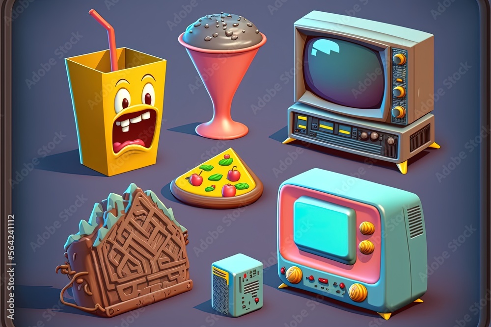 Cartoon style illustration of 80's objects and toys set, white ...