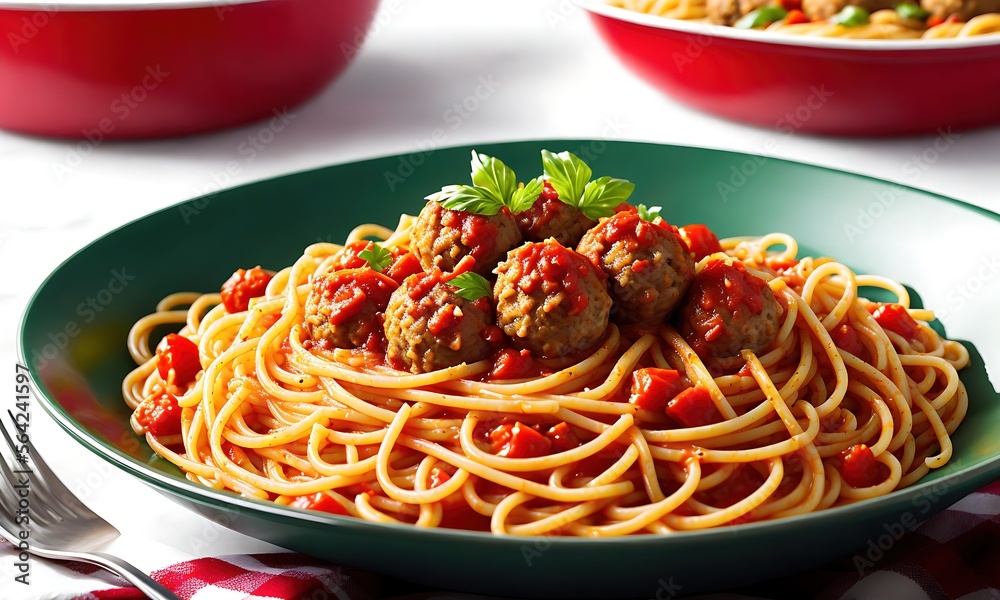 A large serving of spaghetti and meatballs on top of a red checkered ...
