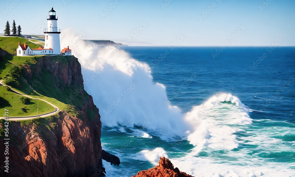 an old lighthouse at the edge of a rocky cliff with big ocean waves ...