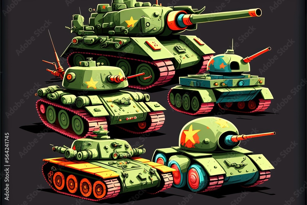 Cartoon style illustration of a set of war vehicles, tanks, cars and ...