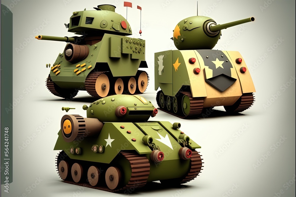 Cartoon style illustration of a set of war vehicles, tanks, cars and ...
