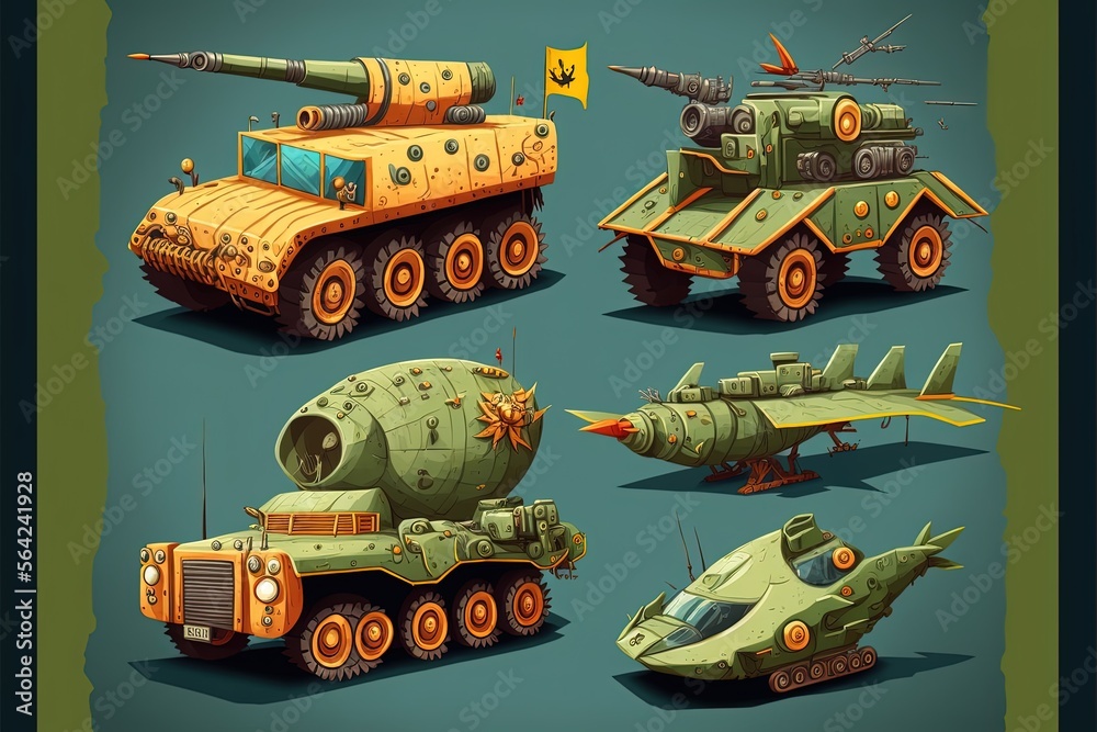 Cartoon style illustration of a set of war vehicles, tanks, cars and ...