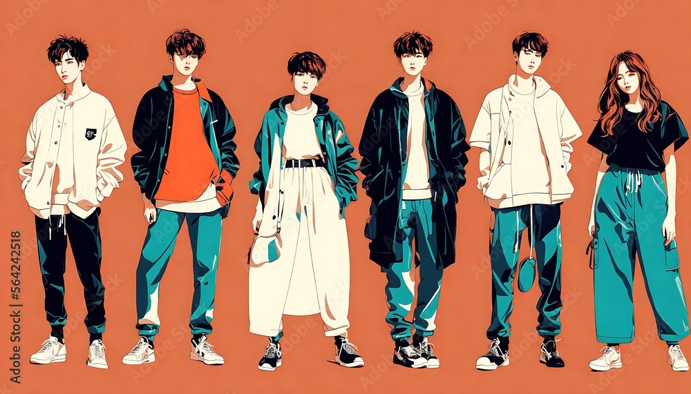 Illustration of K-pop Group, A group of five Asian men standing in a ...
