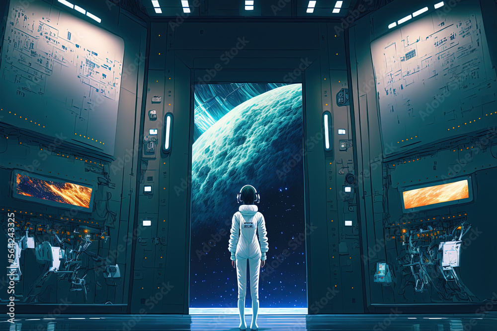 Girl, anime style, staring at giant screen. Anime style illustration ...