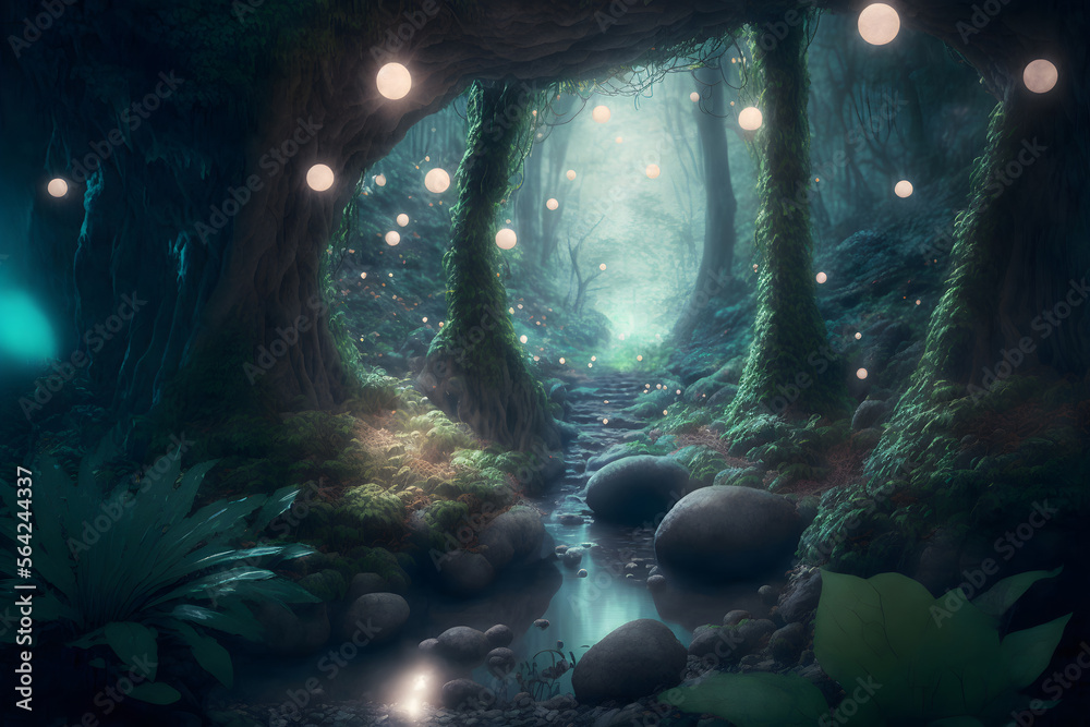 Beautiful magical forest fabulous trees. Mystic Forest landscape, sun ...