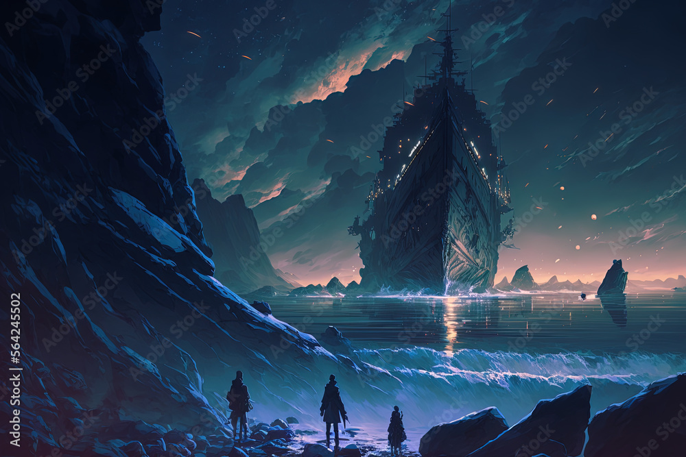 Frozen ship in far north, night scene. AI Generated digital art Stock ...