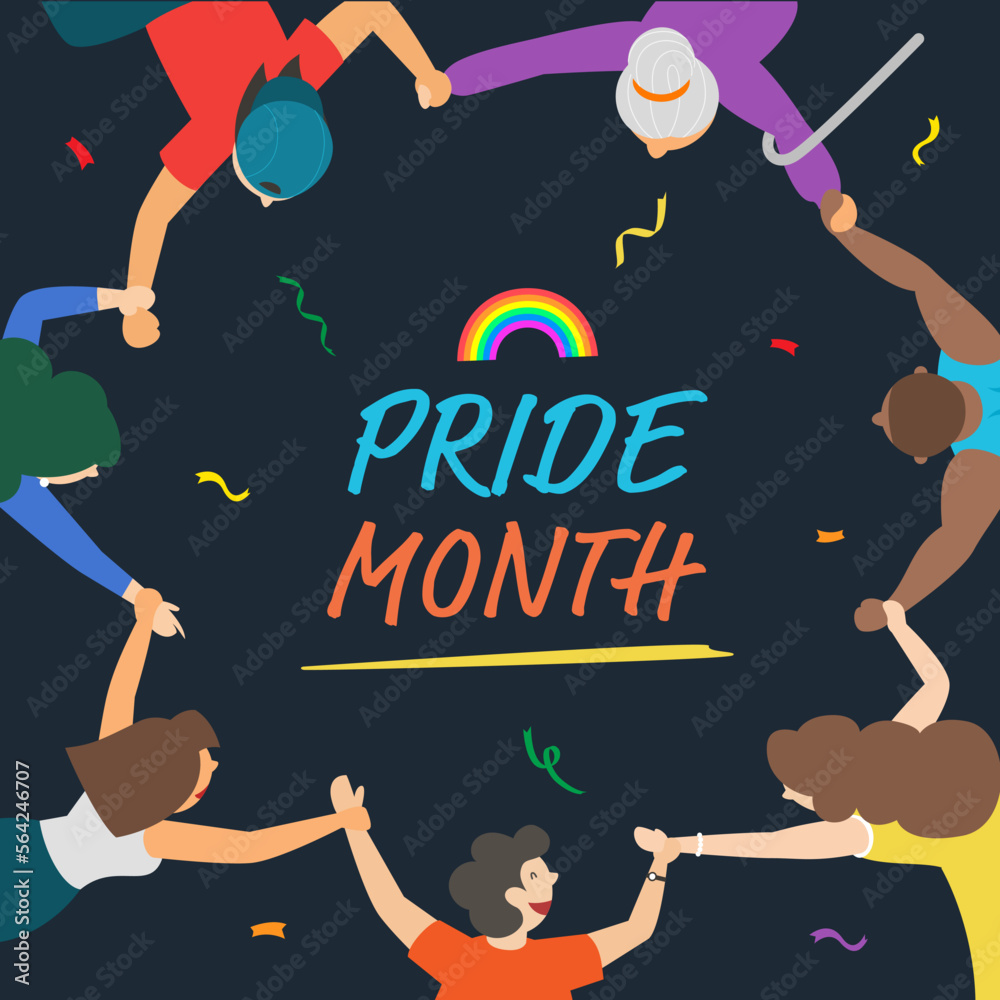 Pride month banner with LGBTQ people holding each other hands in a ...