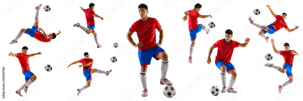 Collage, photo set. Portraits of professional asian football player in ...
