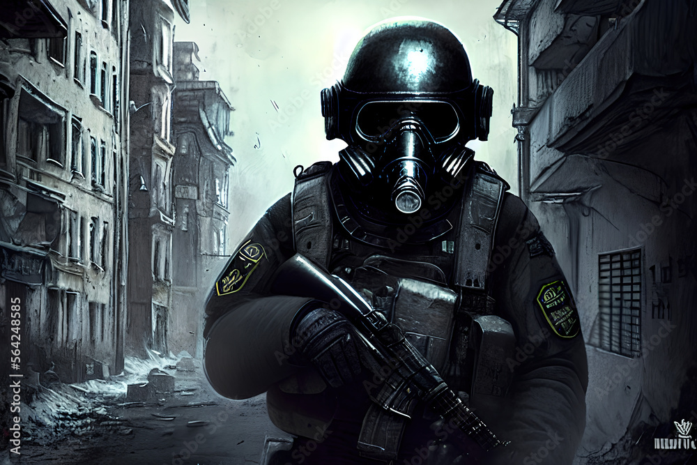 soldier with a gas mask, Ukrainian, war, city, spec ops soldier lurking ...