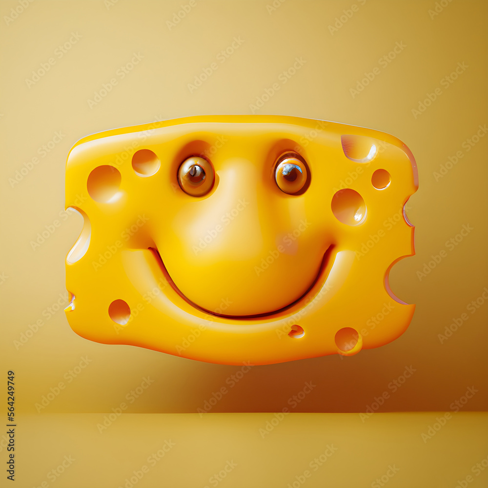 Cute smiling swiss cheese emoji character with big eyes on a yellow ...
