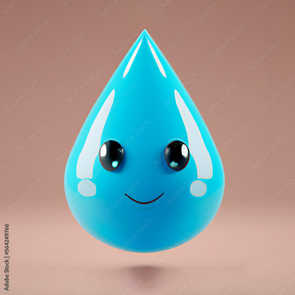 Cute smiling blue waterdrop emoji character with big eyes on a brown ...