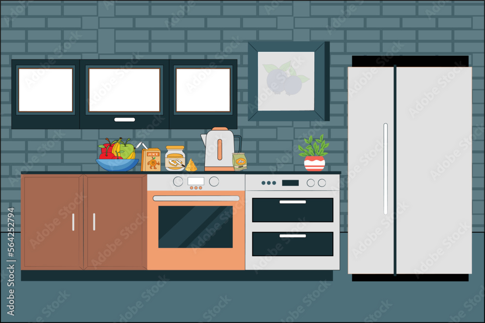 Vector modern kitchen interior with furniture and electric stove ...