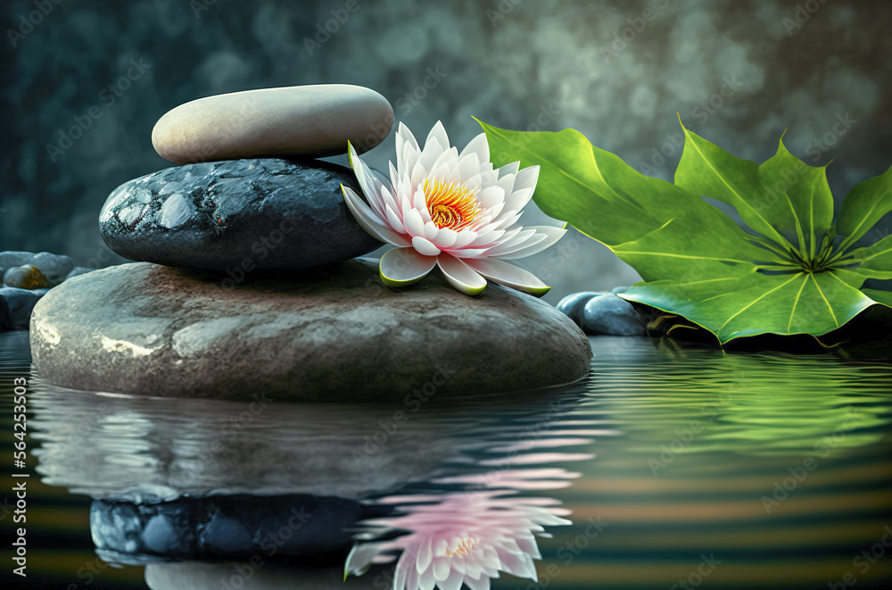 Lotus flower and zen stones on black background with reflection. Spa ...