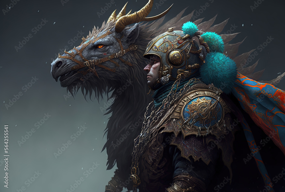 Dragon and his rider. Fantasy beast and character for role playing ...