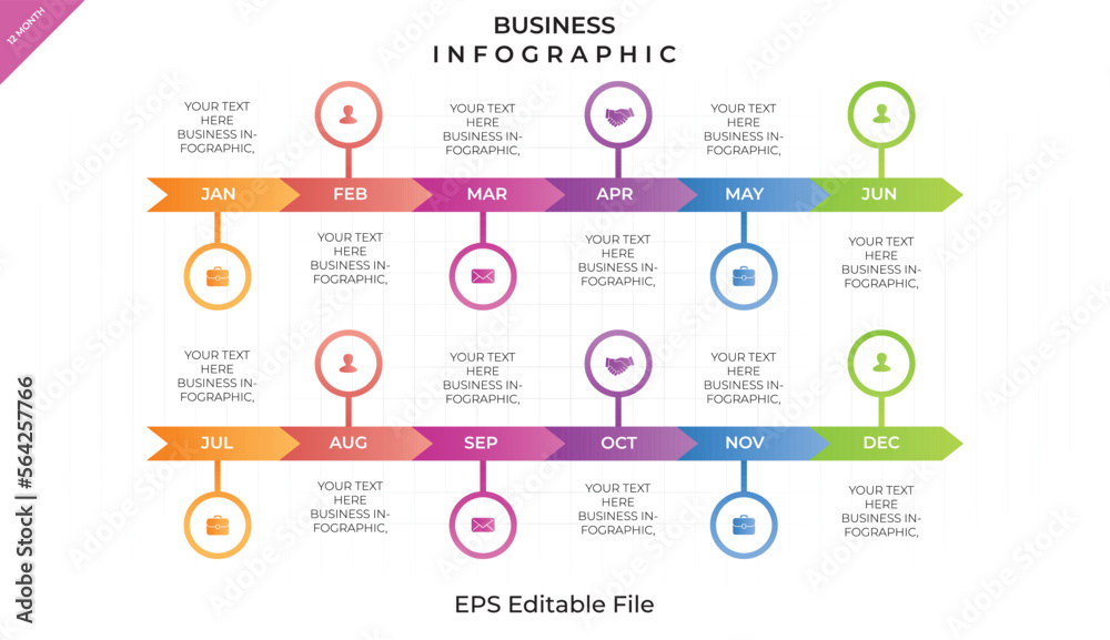 Vetor de Infographic business template. 12 Months Timeline diagram with ...