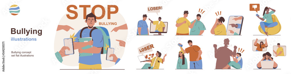 Bullying concept with character situations collection. Bundle of scenes ...