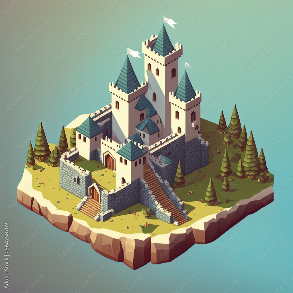 Cartoon isometric medieval castle with towers and gates, Generative AI ...
