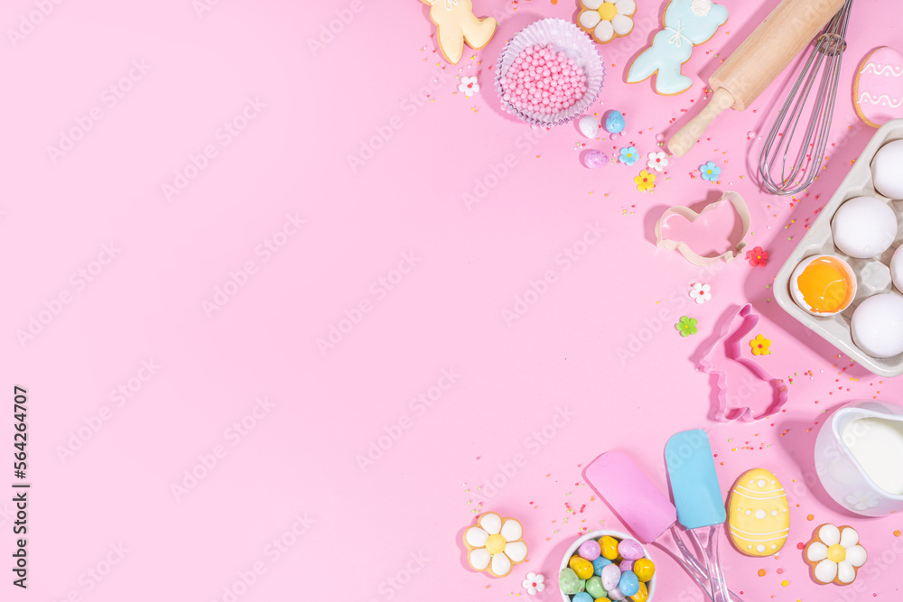Cute pink sweet baking flat lay for Easter holiday. Cooking background ...