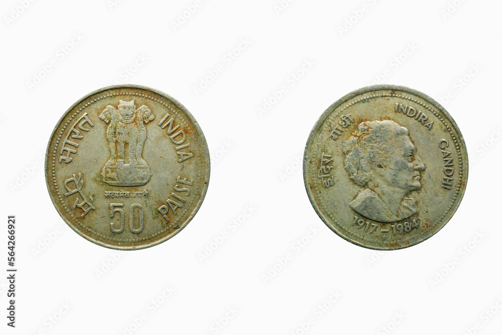 50 paise Indian coin currency, behind Indira Gandhi inprint, studio ...