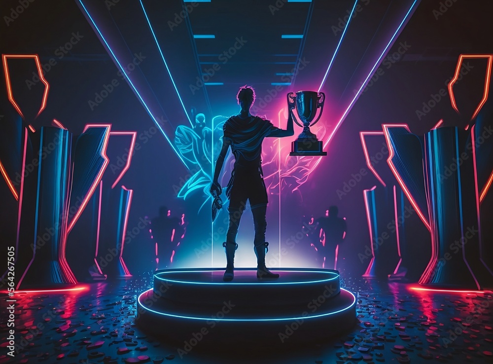 A esports player win a esports tournament and enjoy with a trophy in ...